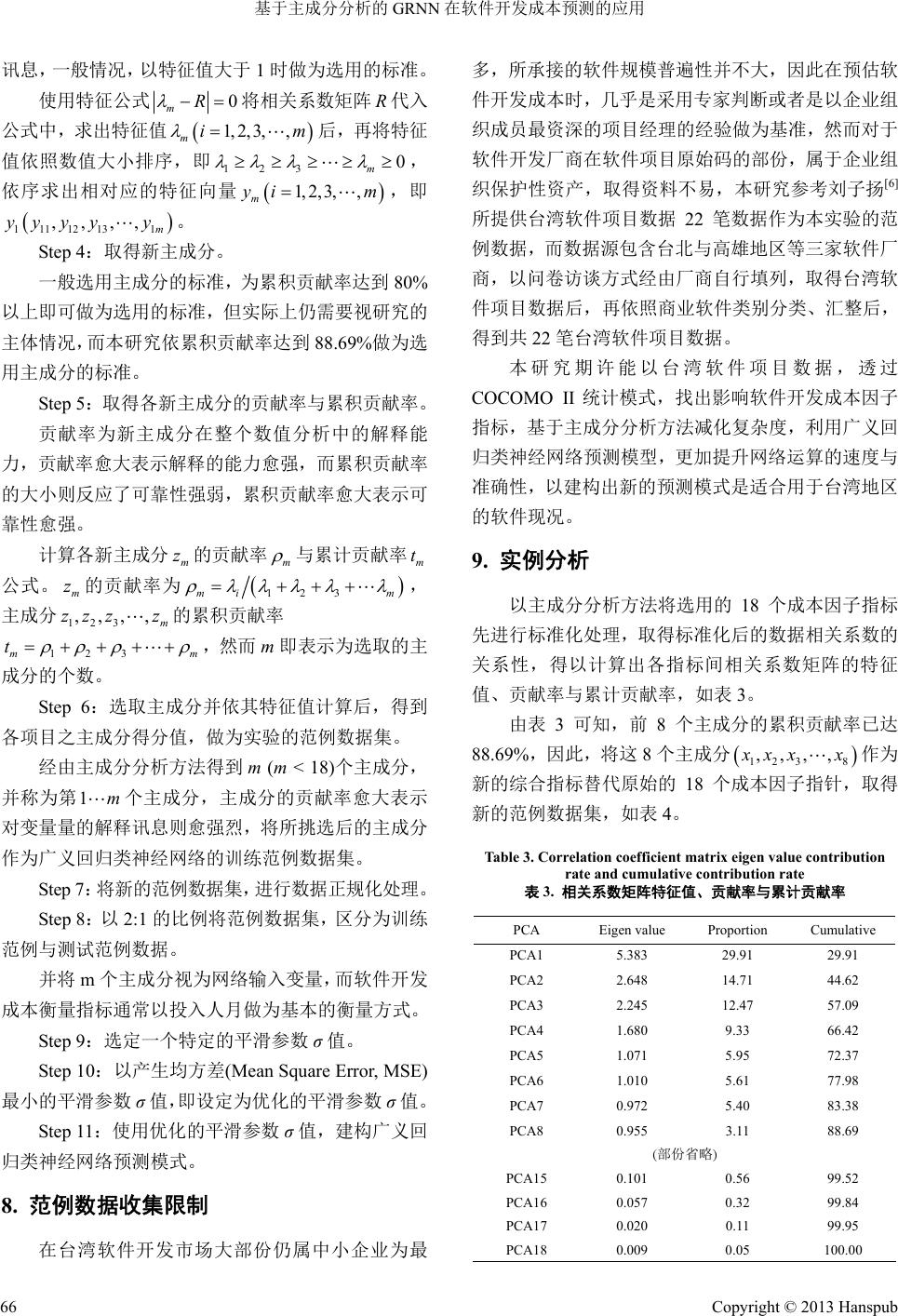 基于主成分分析的GRNN在软件开发成本预测的应用 Application of General Regression Neural ...