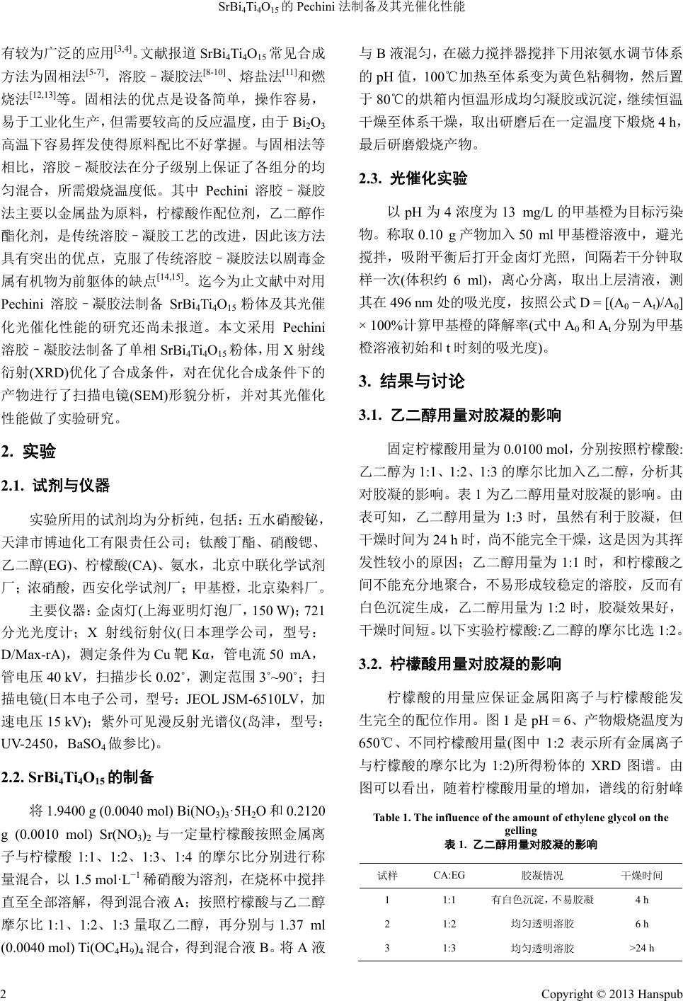 SrBi 4Ti 4O 15的Pechini法制备及其光催化性能* Pechini Sol-Gel Preparation and ...