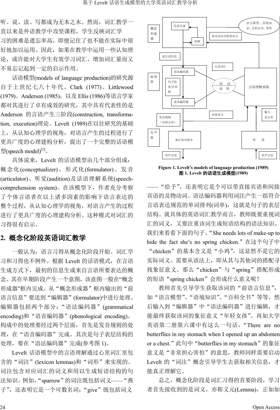 基于Levelt话语生成模型的大学英语词汇教学分析 Analysis of College English Lexical Teaching ...