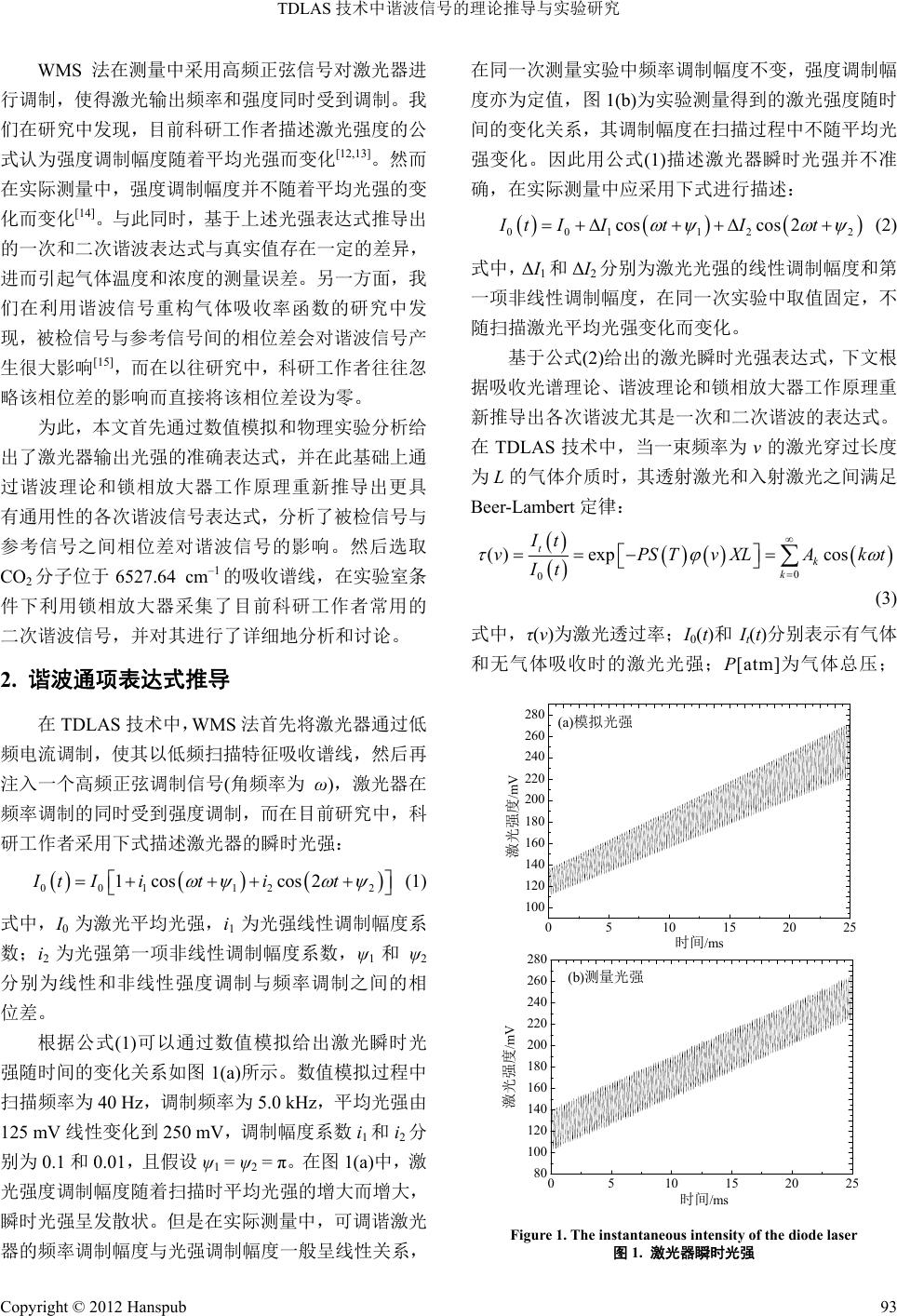 TDLAS技术中谐波信号的理论推导与实验研究 Theoretical Derivation and Experimental Research ...