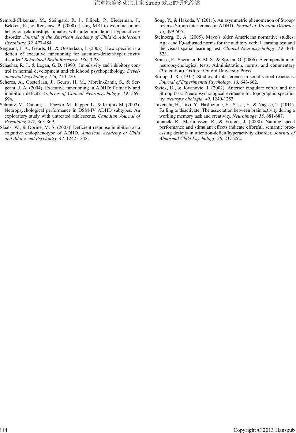 注意缺陷多动症儿童Stroop效应的研究综述 A Literature Study on the Stroop Effects in ...